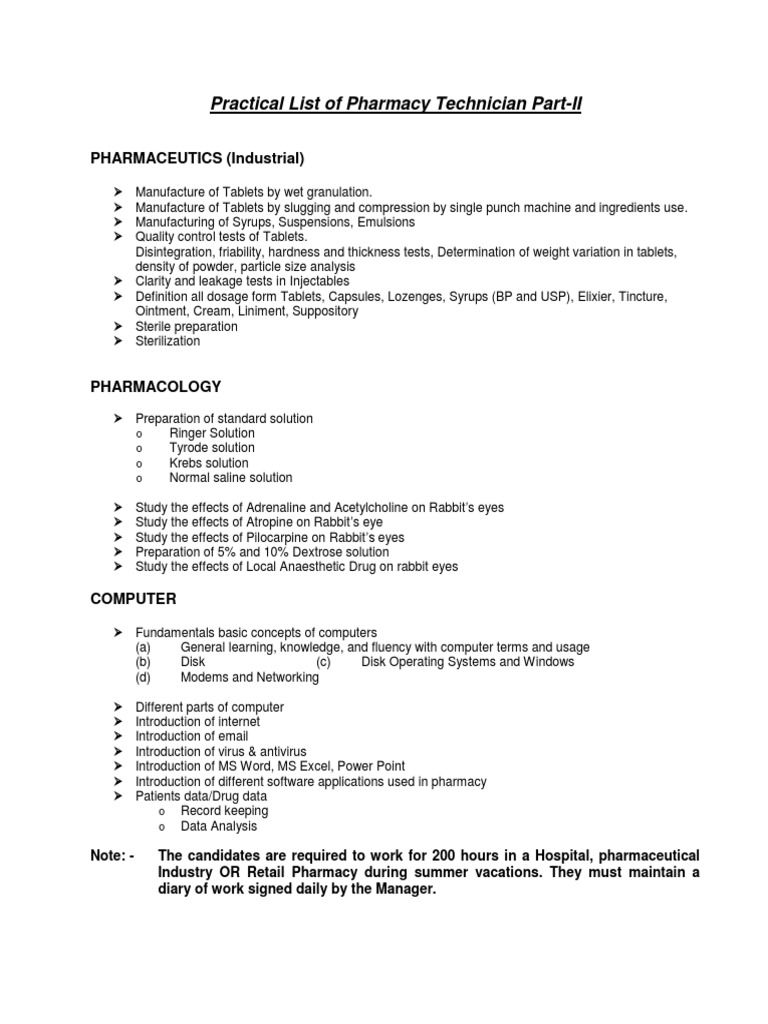 Practical List of Pharmacy Technician Part-II: PHARMACEUTICS ...