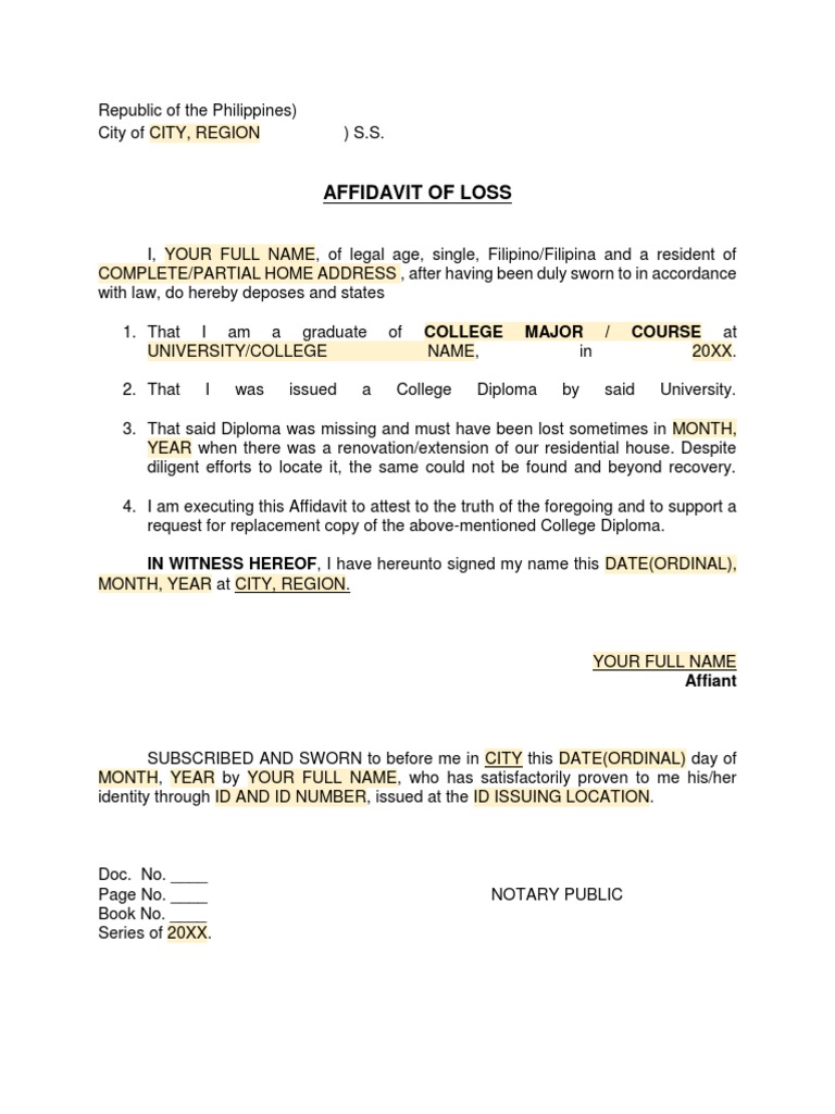 Affidavit of Loss For Diploma | PDF