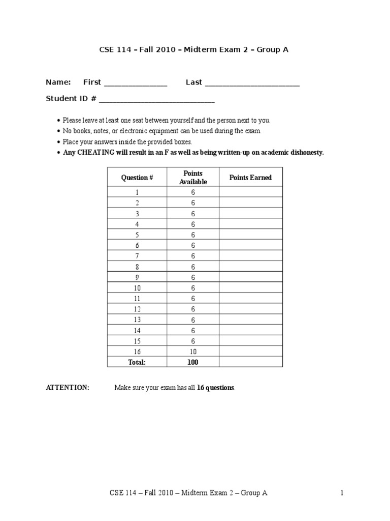 CSE 114 - Fall 2010 - Midterm Exam 2 - Group A 1 | PDF | Notation | Computer Programming