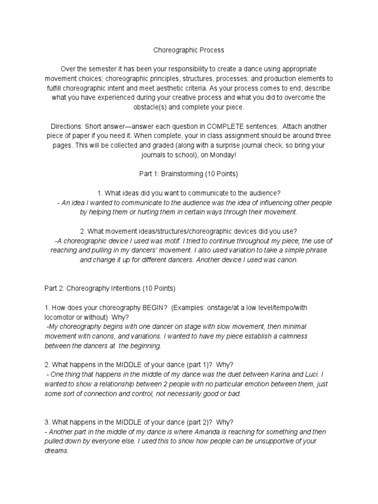 Choreographic Process Short Answer | PDF | Dances | Psychology
