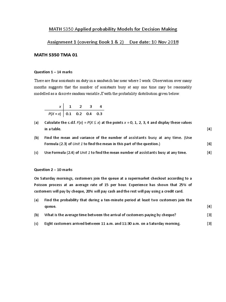 A1 M350 - Assignment1 - 2018 - v3 | PDF | Mean | Probability Distribution