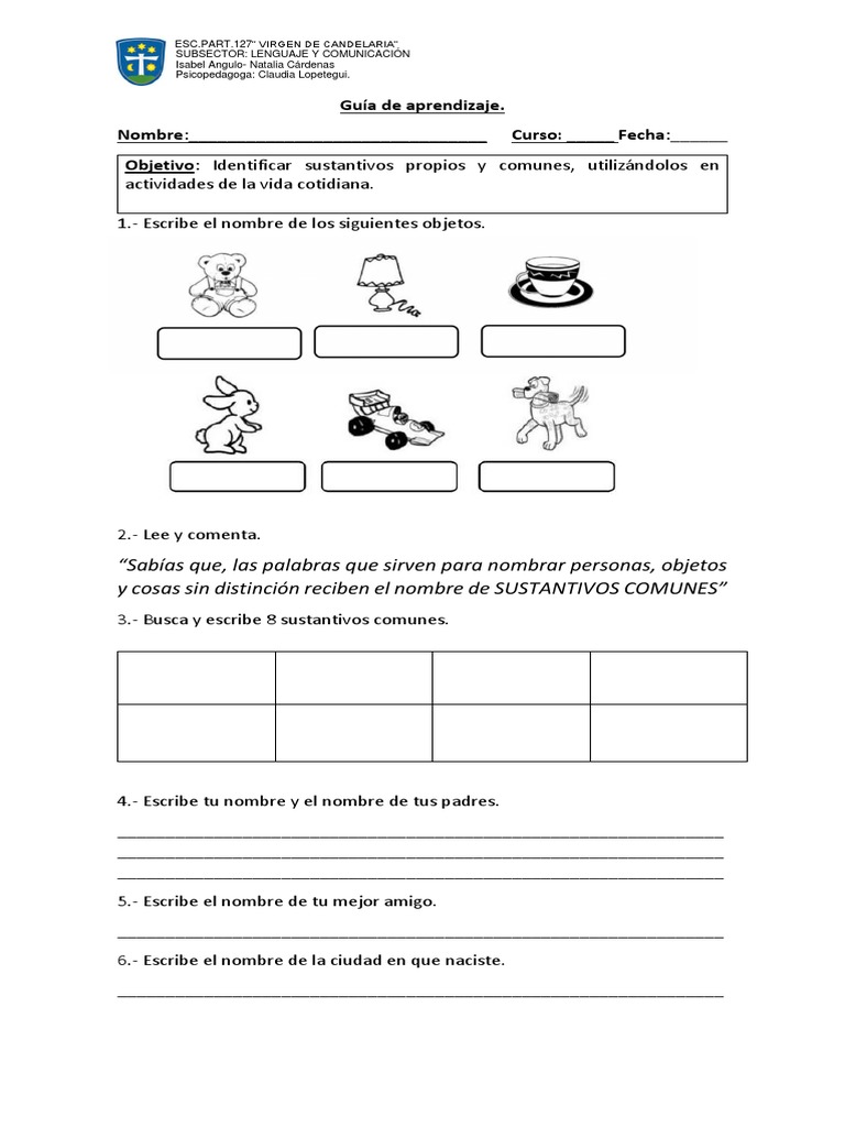 Guía de Aprendizaje Sustantivos | PDF