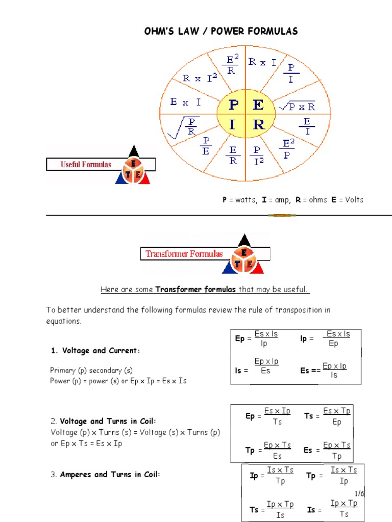 Ohm'S Law / Power Formulas: P Watts, I Amp, R Ohms E Volts | Download ...