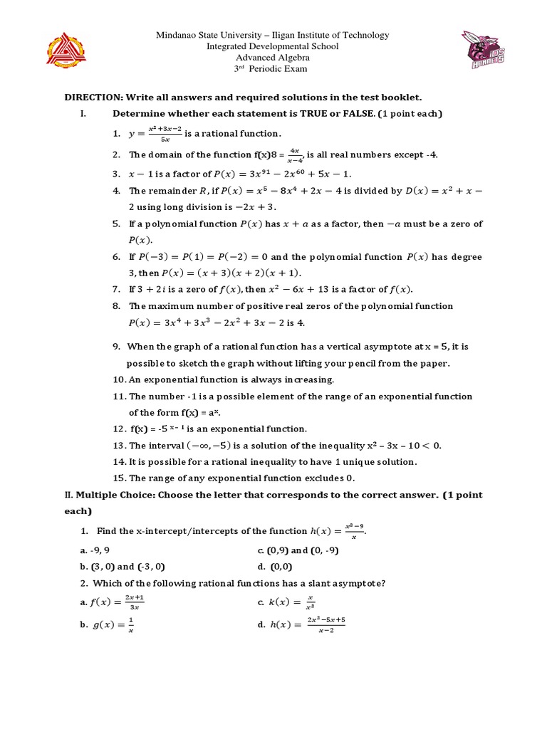 Advanced Algebra 3rd Periodic Exam: Analyzing Rational and Polynomial Functions through Problem ...