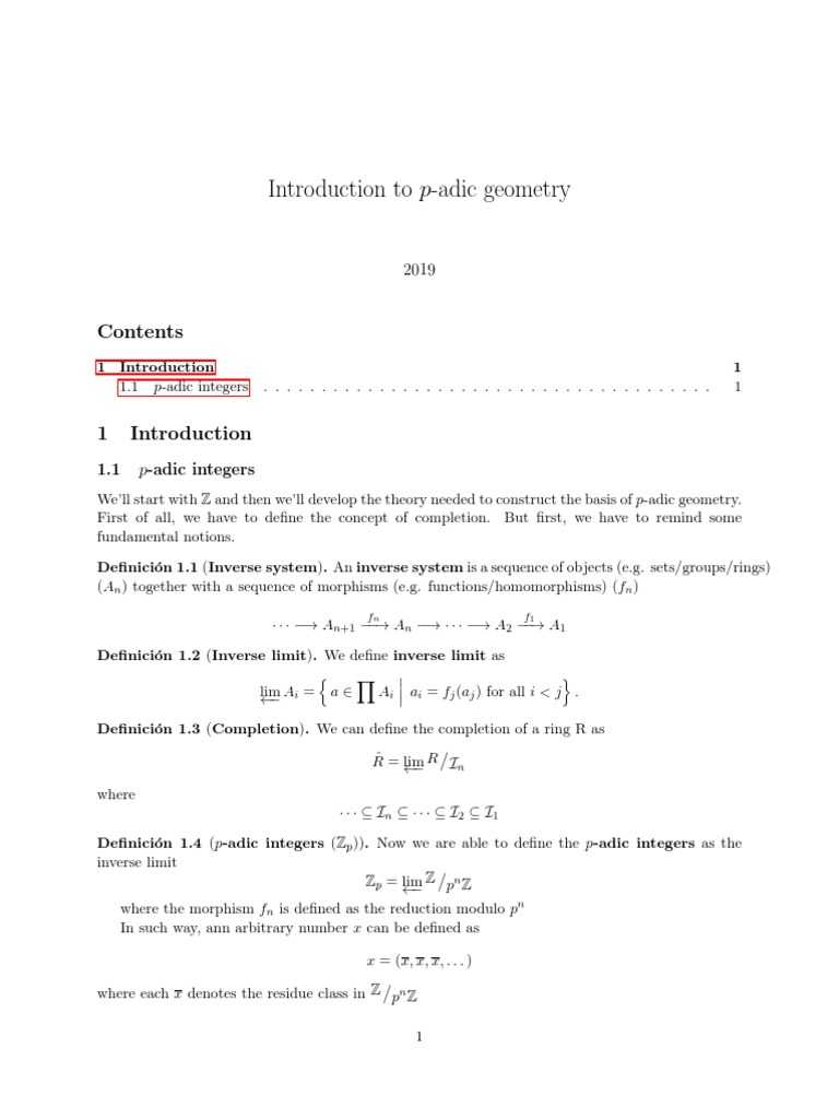 Introduction To P-Adic Geometry: N N F N 2 F 1 | PDF | Integer | Ring ...