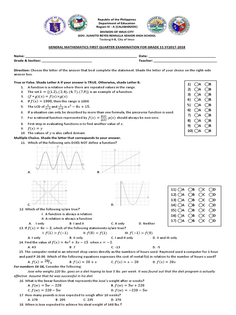 Genmath 1q Exam | Asymptote | Function (Mathematics)