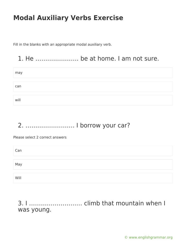 Modal Auxiliary Verbs Exercise | PDF