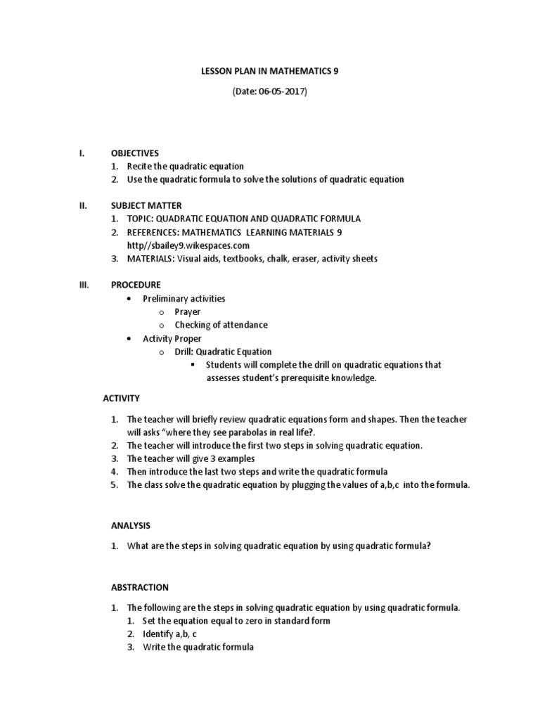 Grade 9 Quadratic Equations Lesson Plan | PDF | Quadratic Equation ...