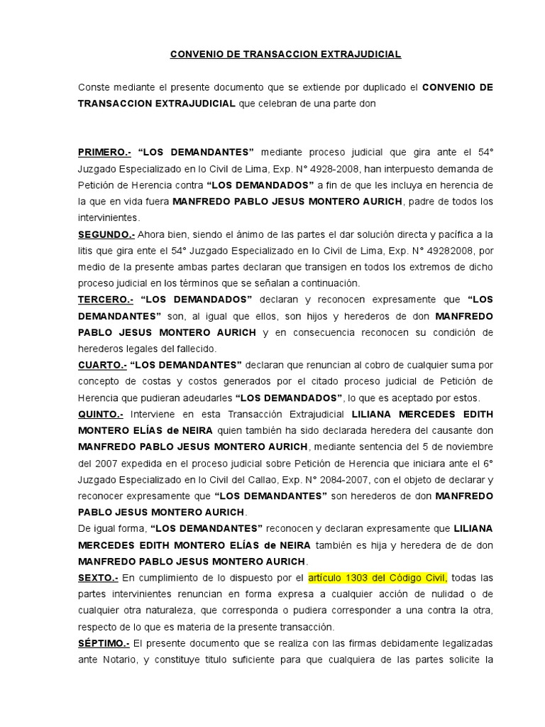 Convenio de Transaccion ExtrajudiciaL Aurich | PDF | Herencia | Información del gobierno