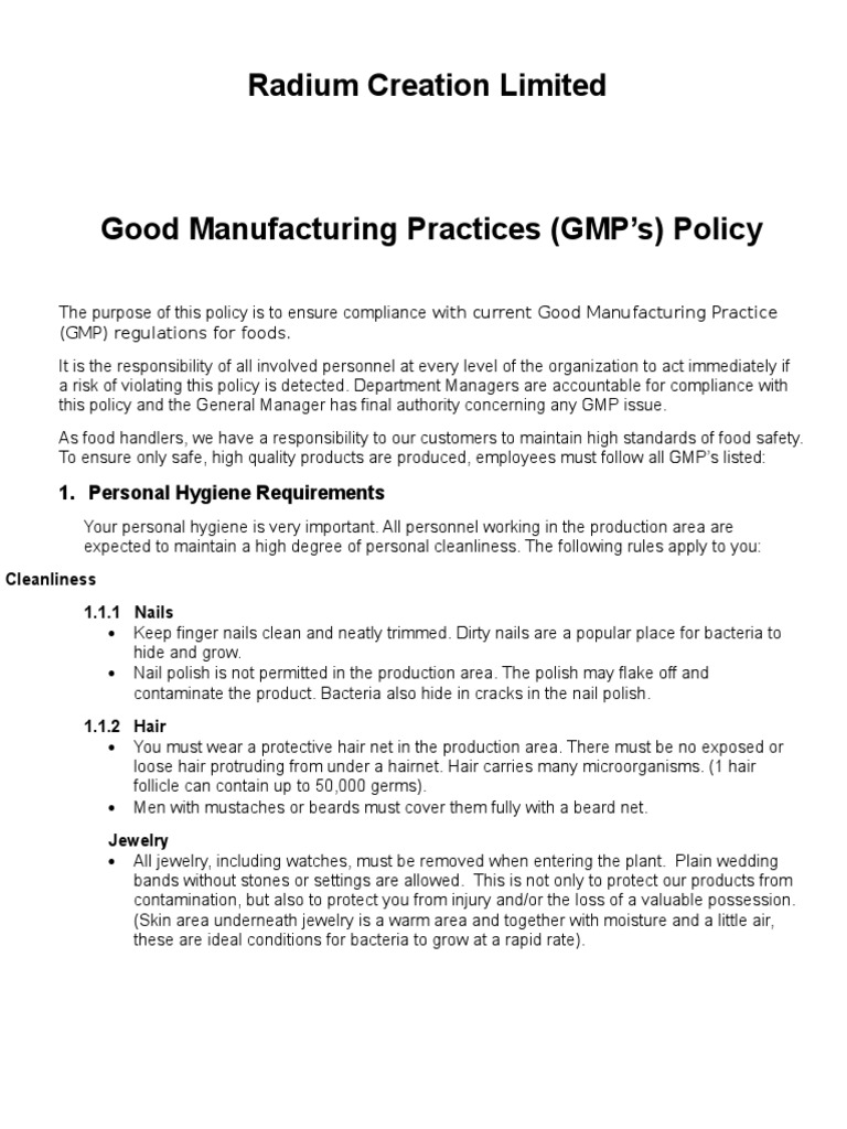 Radium Creation Limited: 1. Personal Hygiene Requirements | PDF ...