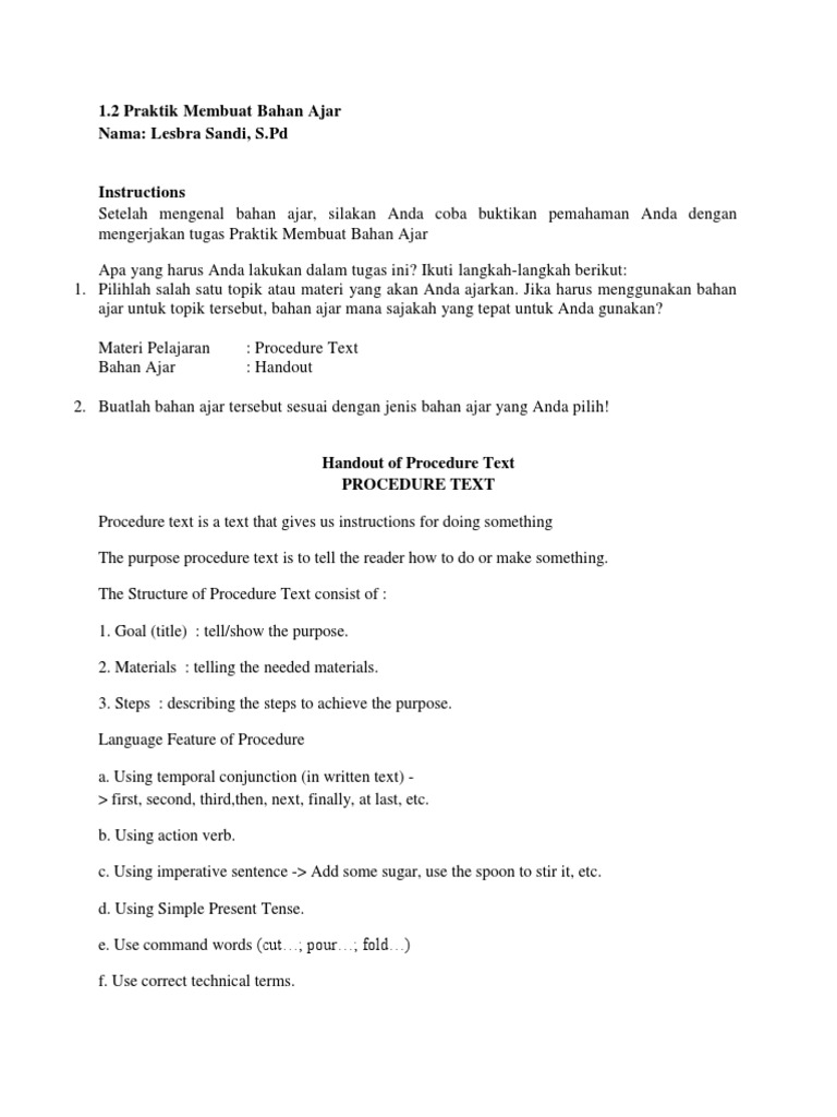 Contoh Handout Bahan Ajar Procedure Text | PDF | Cognitive Science ...