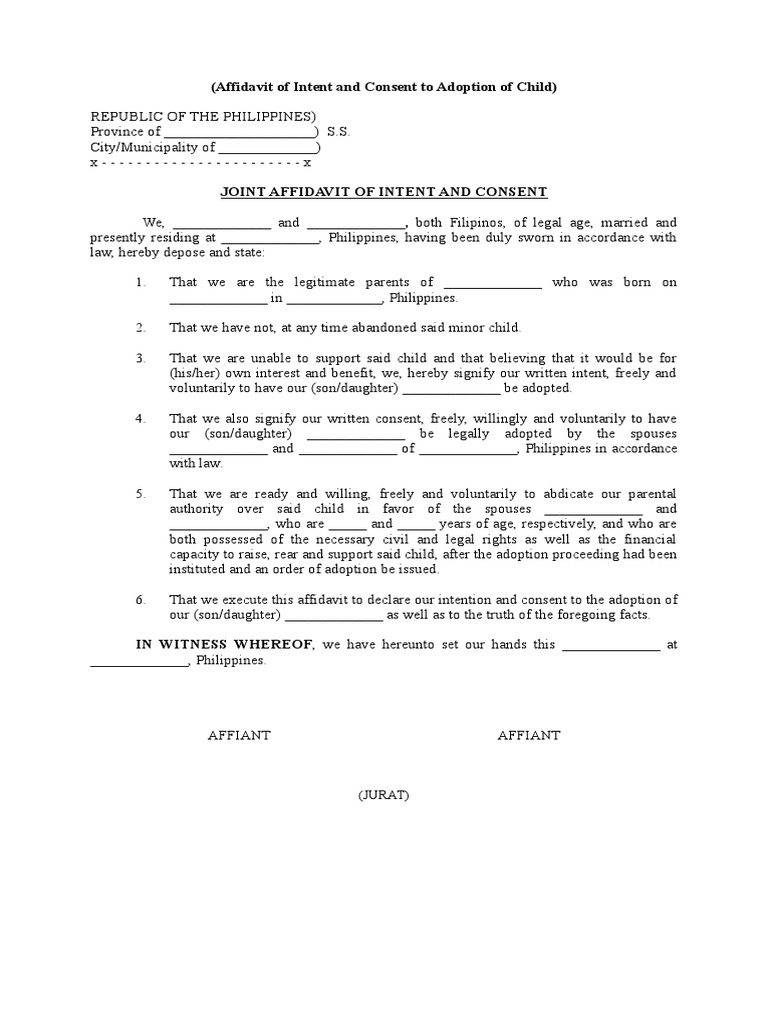 Affidavit of Intent and Consent To Adoption of Child | PDF