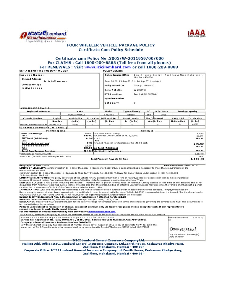 ICICI Lombard Vehicle Insurance Policy Details | PDF | Insurance ...