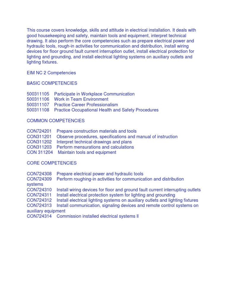 EIM NC II Core Competencies Overview | PDF | Lighting | Manufactured Goods