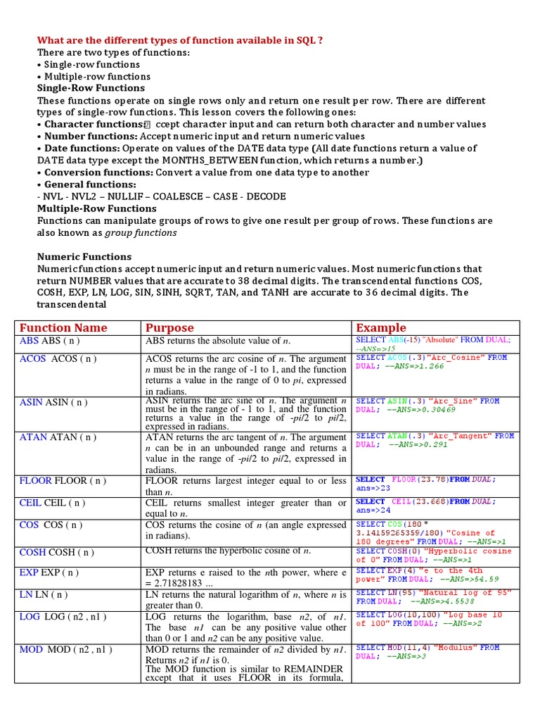 SQL Function Types | PDF | Trigonometric Functions | Standard Deviation