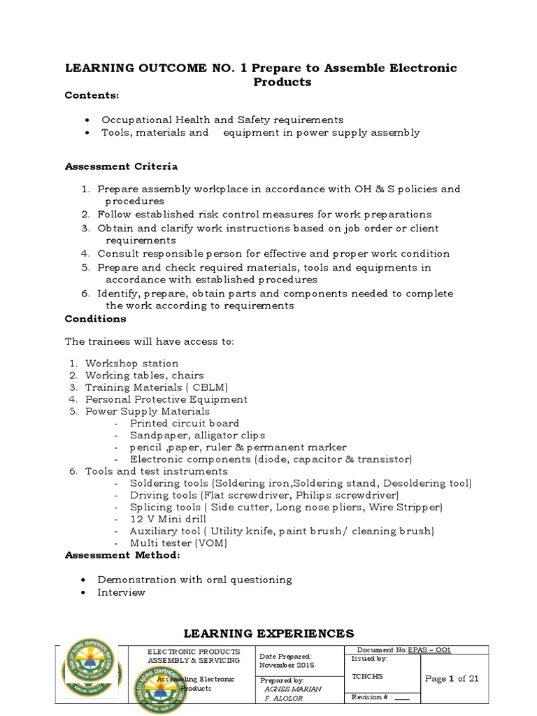 LEARNING OUTCOME NO. 1 Prepare To Assemb | PDF | Printed Circuit Board | Soldering