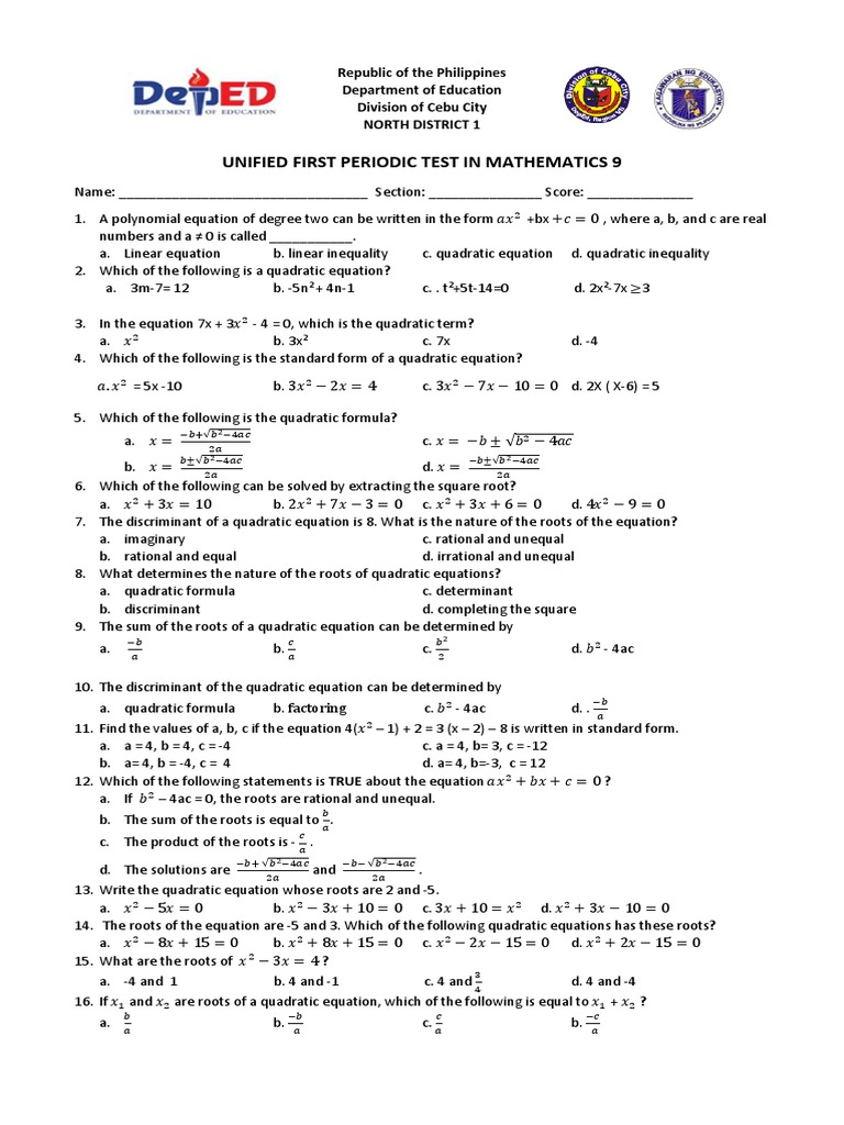 Unified First Periodic Test in Mathematics 9 | PDF | Quadratic Equation ...