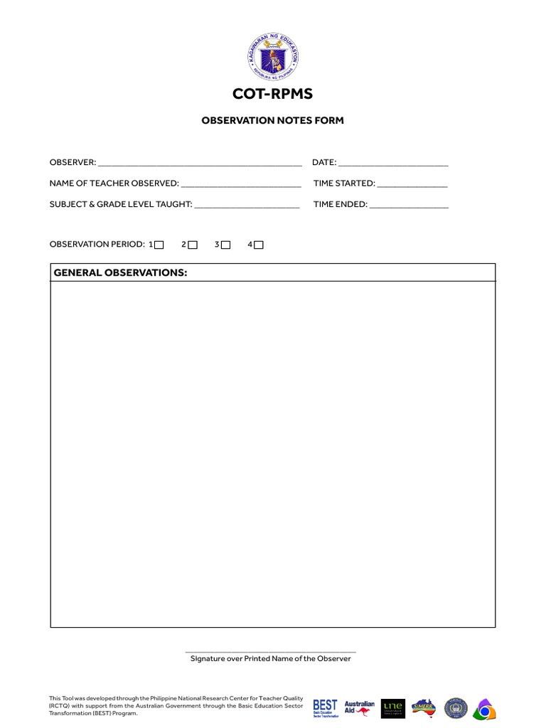 COT-RPMS Observation Notes Template | PDF | Business