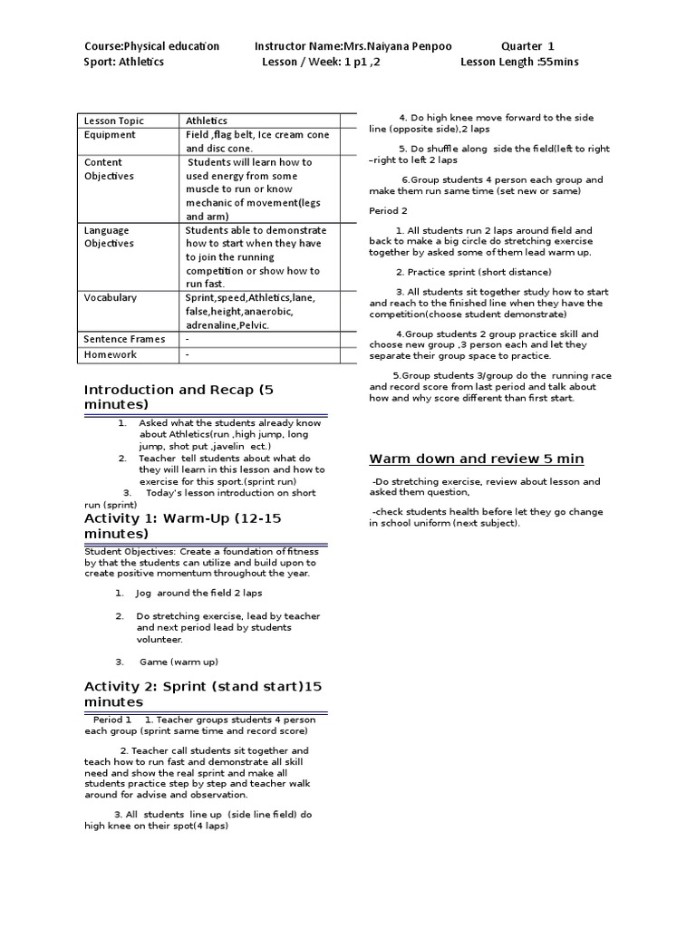 Athletics Lesson Plans for PE Class | PDF | Physical Education | Sports