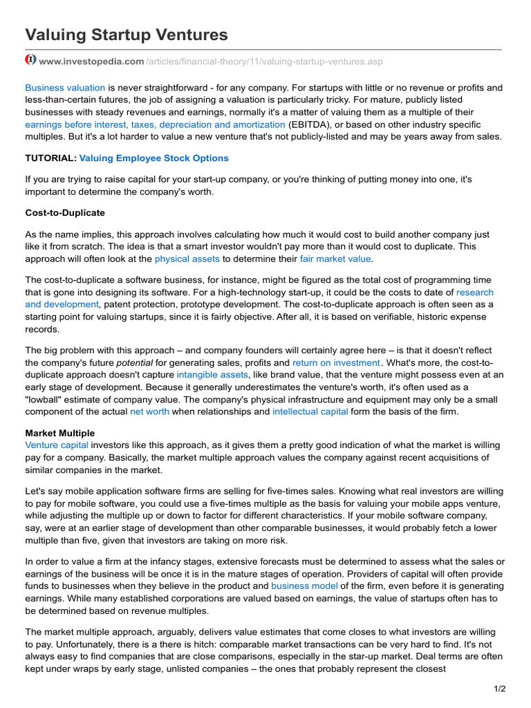 Valuing Startup Ventures PDF | PDF | Discounted Cash Flow | Valuation ...