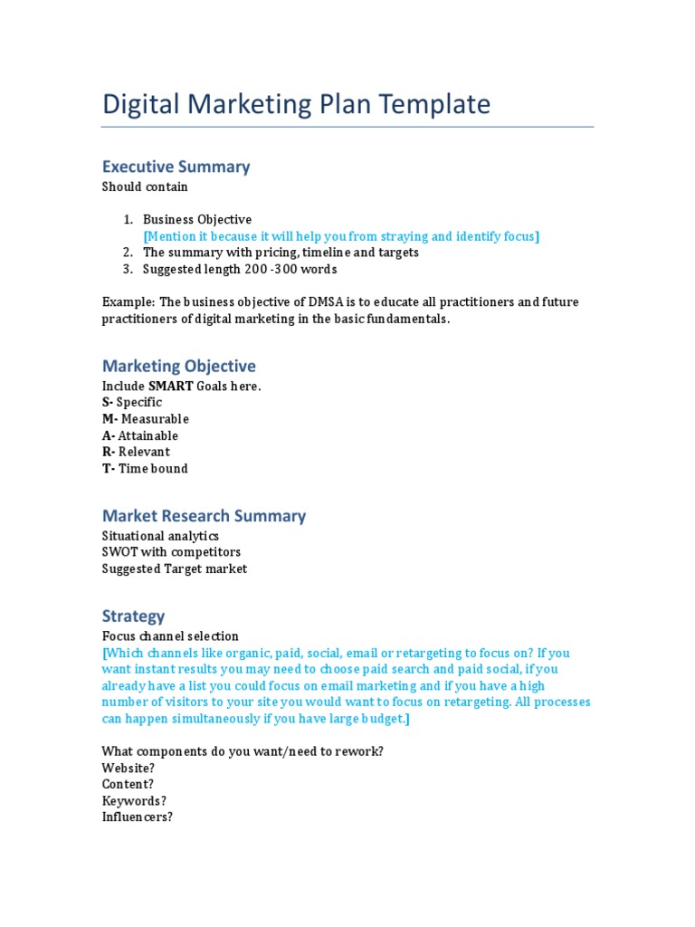 Digital Marketing Plan Template Guide | PDF | Digital Marketing | Marketing