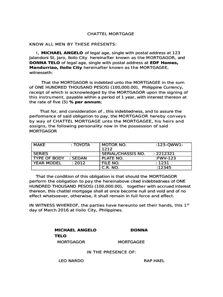 Chattel Mortgage Agreement Details | PDF | Mortgage Law | Financial ...