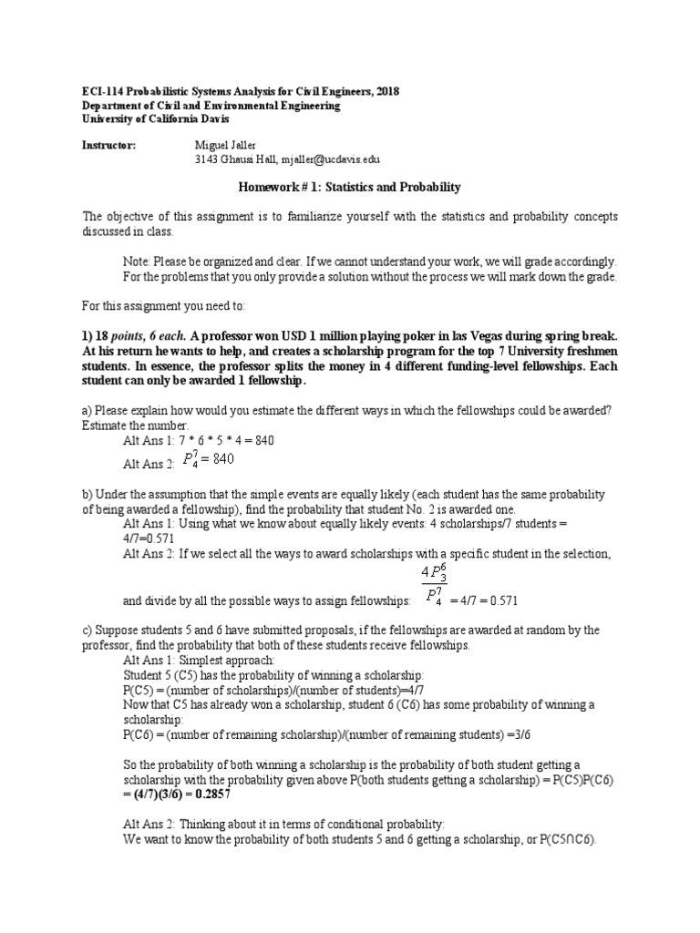 HW 1 - ECI 114 Solutions | PDF | Odds | Probability