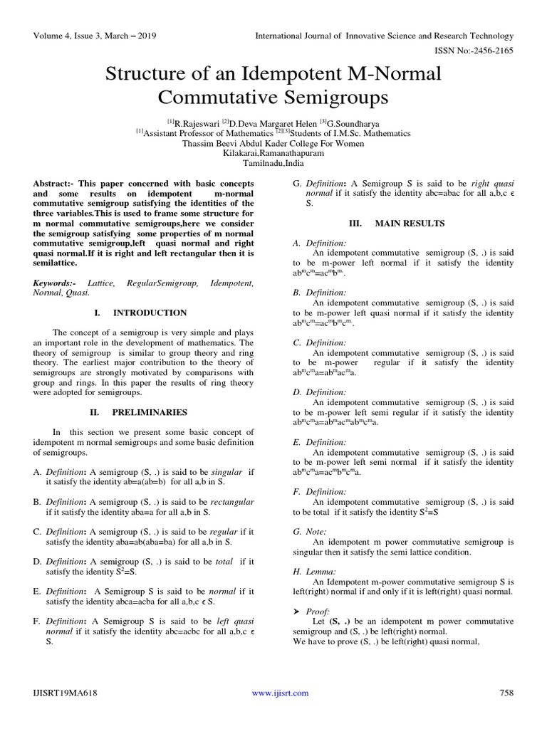 Structure of An Idempotent M-Normal Commutative Semigroups | PDF | Algebra | Abstract Algebra