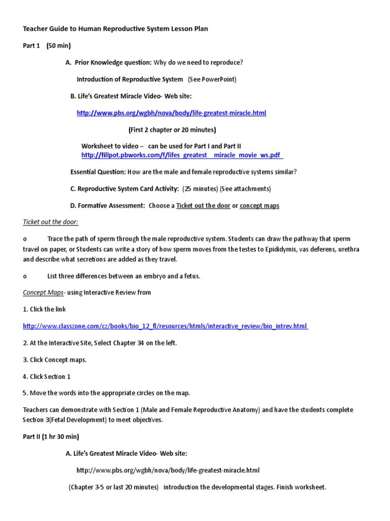 Teacher Guide To Human Reproductive System Lesson Plan: Ticket Out The ...