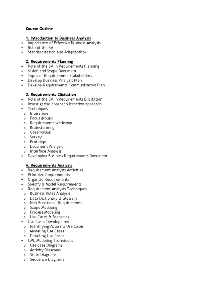 Course Outline 1. Introduction To Business Analysis: o o o o o o o o o ...