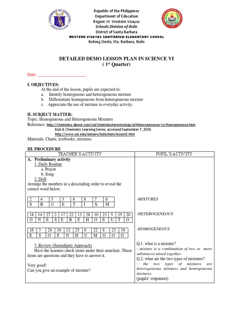 A Detailed Lesson Plan in Science and He | PDF | Homogeneity And ...