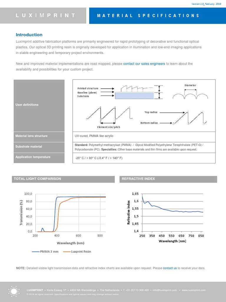 Luximprint Printing Capabilities Material Specifications V1.0 | PDF | Poly(Methyl Methacrylate ...