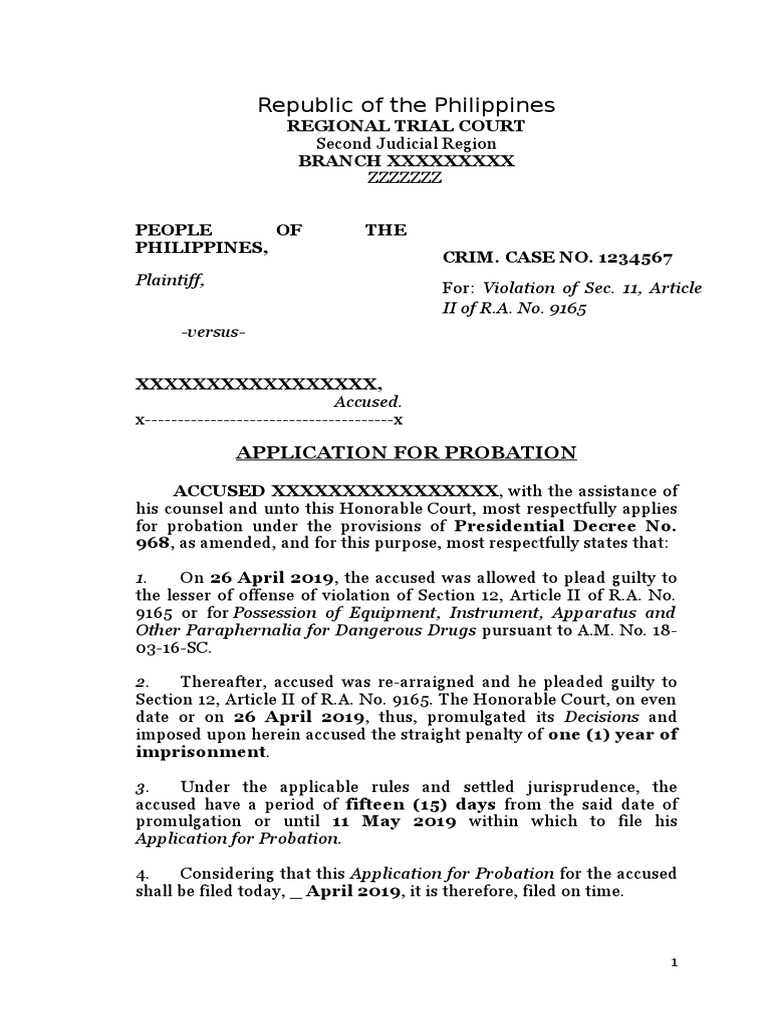 Application For Probation - Drug Case | PDF | Probation | Article Two ...