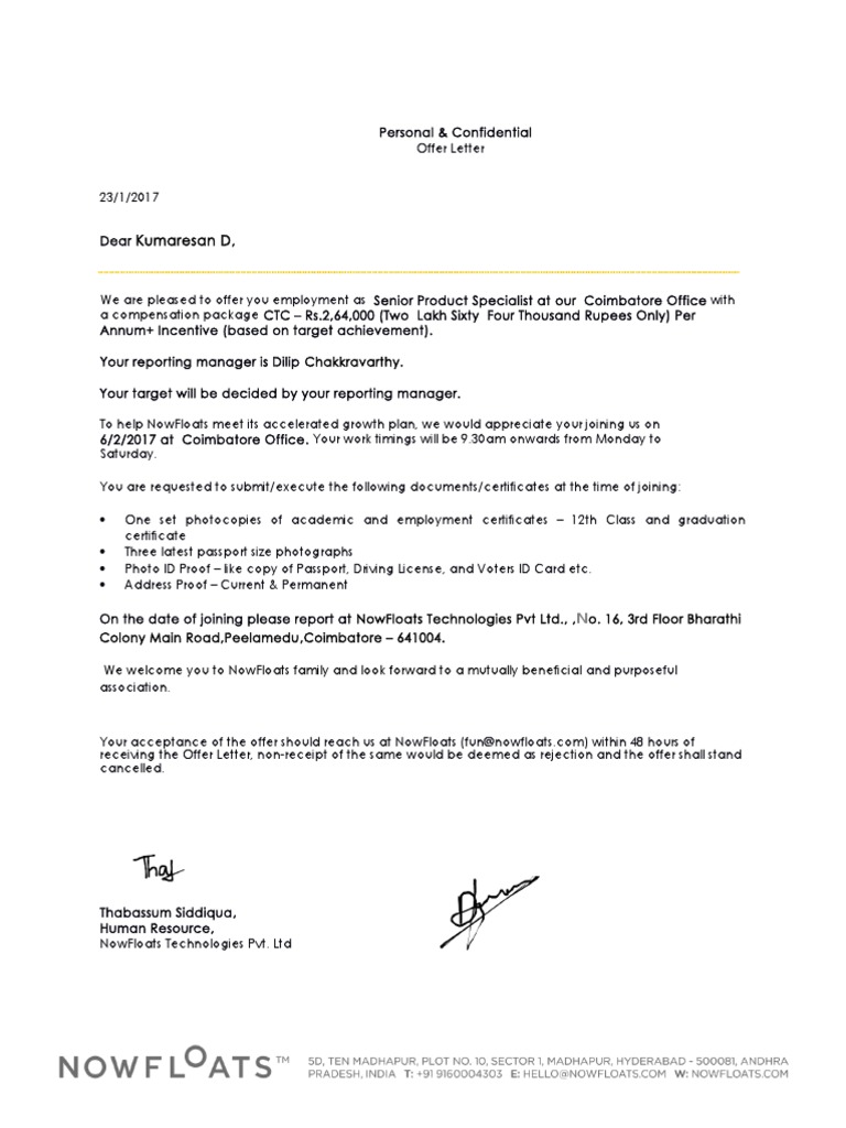 Offer Letter Kumaresan | PDF | Identity Document | Employment