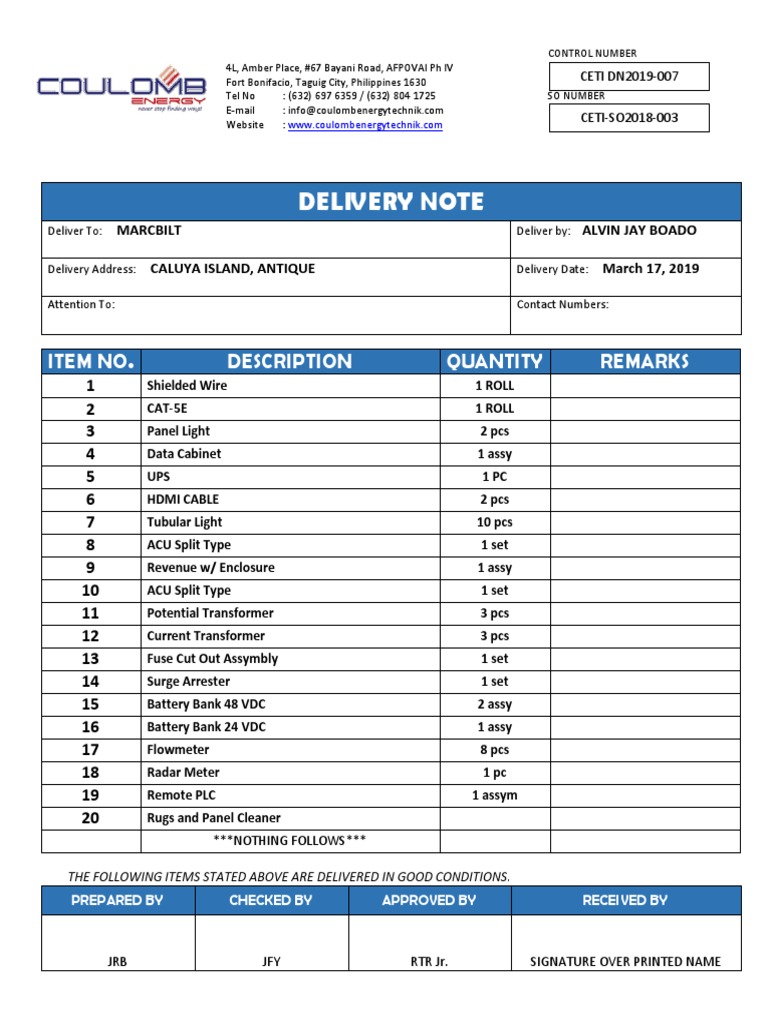 Delivery Note: Item No. Description Quantity Remarks | PDF ...