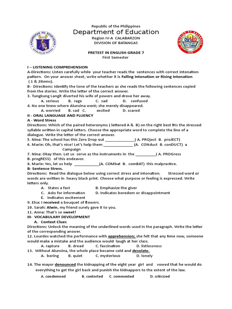 Pre Test in English Grade 7 1st Semester | PDF | Verb | Human Communication