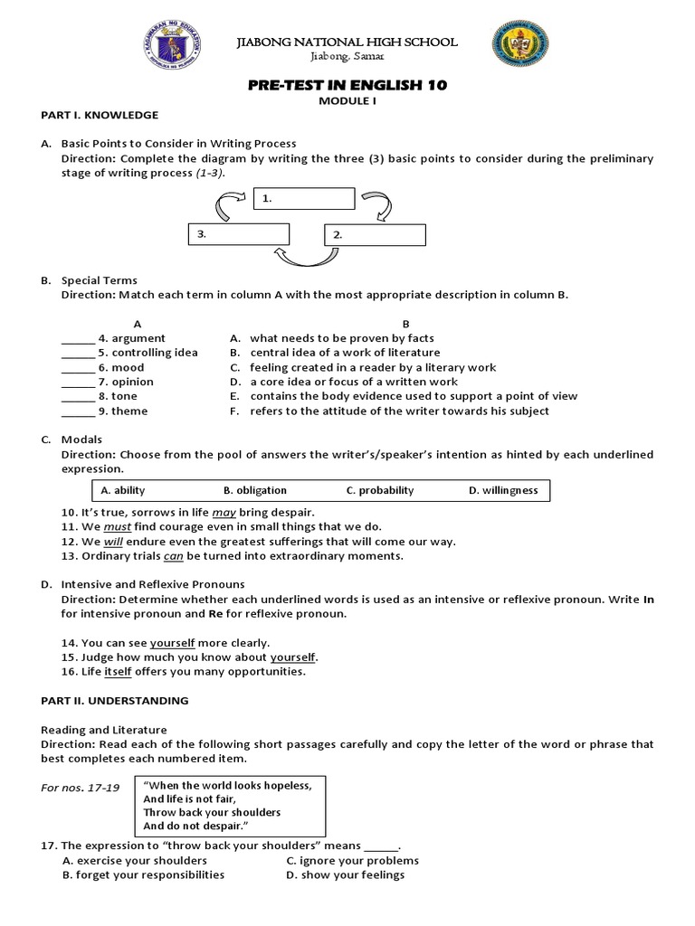 ENG10 Pretest Module 1 | PDF | Pronoun | Reason