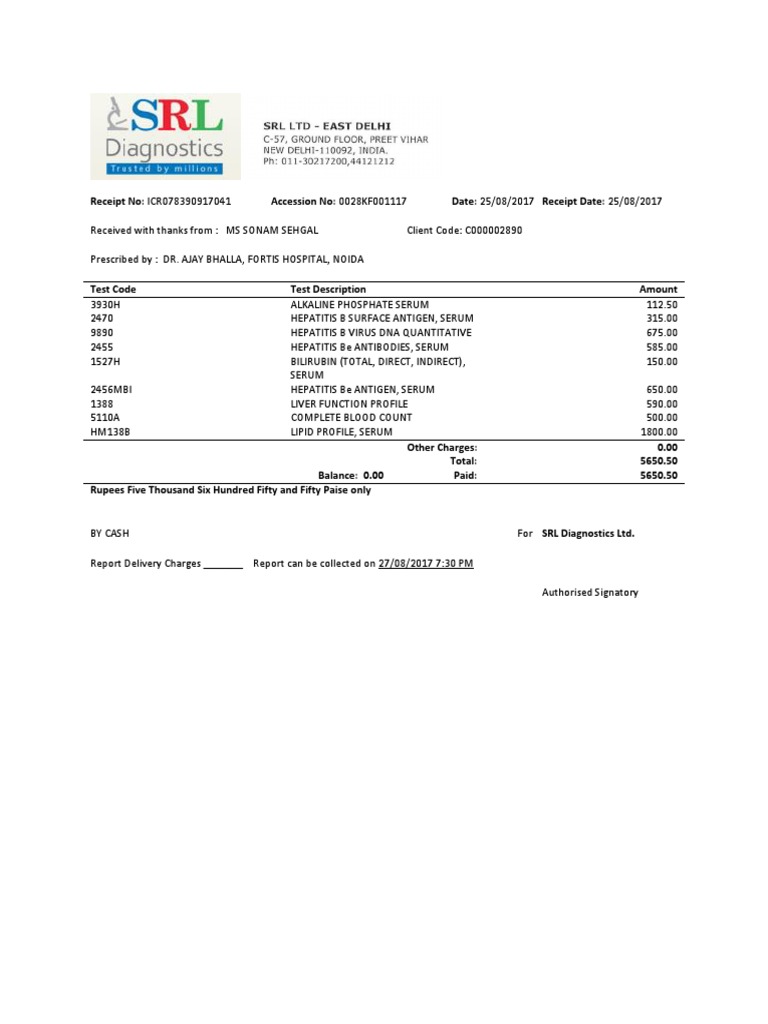 SRL Diagnostics Test Receipt Summary | PDF