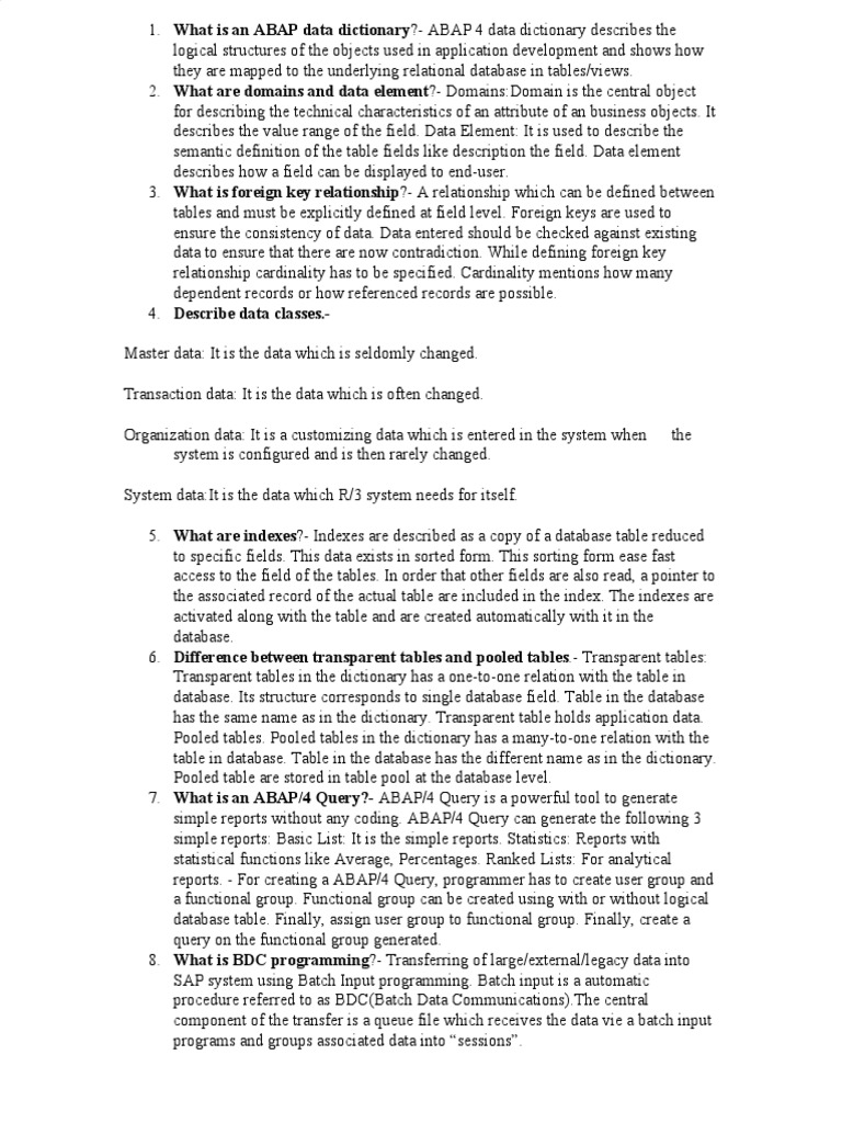 Abap Interview Questions With Answer PDF | PDF | Database Index | Database Transaction