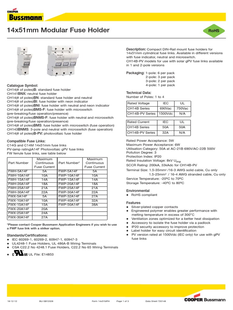 Bussmann CH 143 B | PDF | Fuse (Electrical) | Electrical Wiring