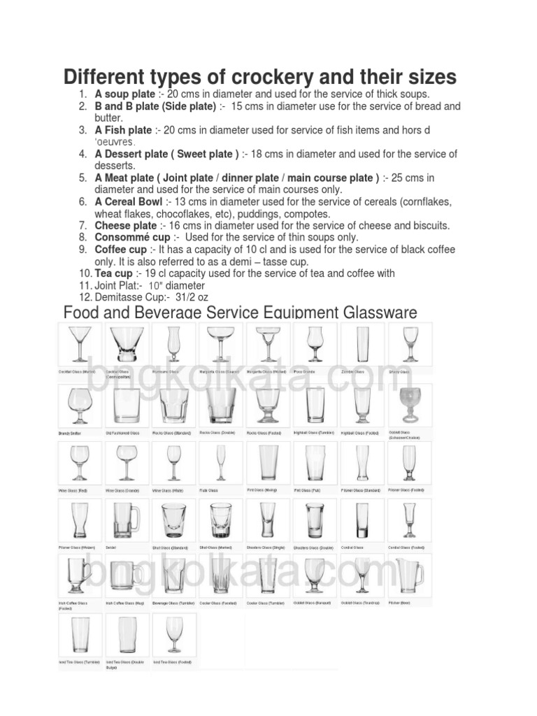 Different Types of Crockery and Their Sizes | PDF | Tableware | Cutlery