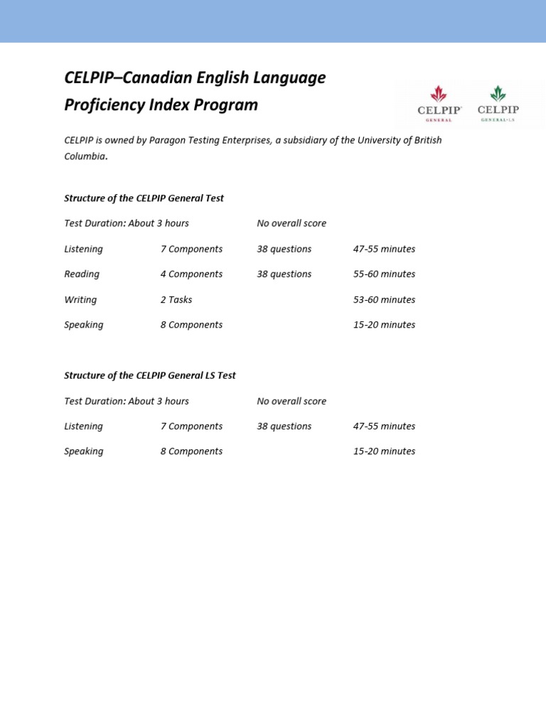 CELPIP-Canadian English Language Proficiency Index Program: Structure ...