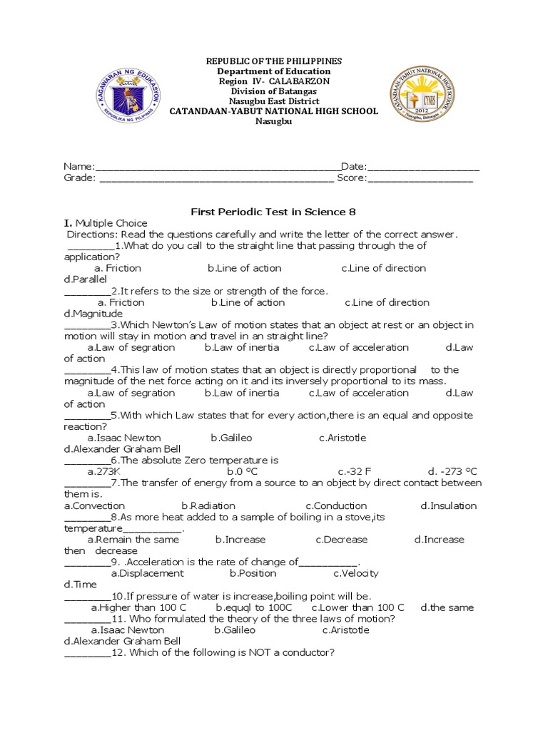First Periodic Test in Science 8 I. Multiple Choice: Department of ...