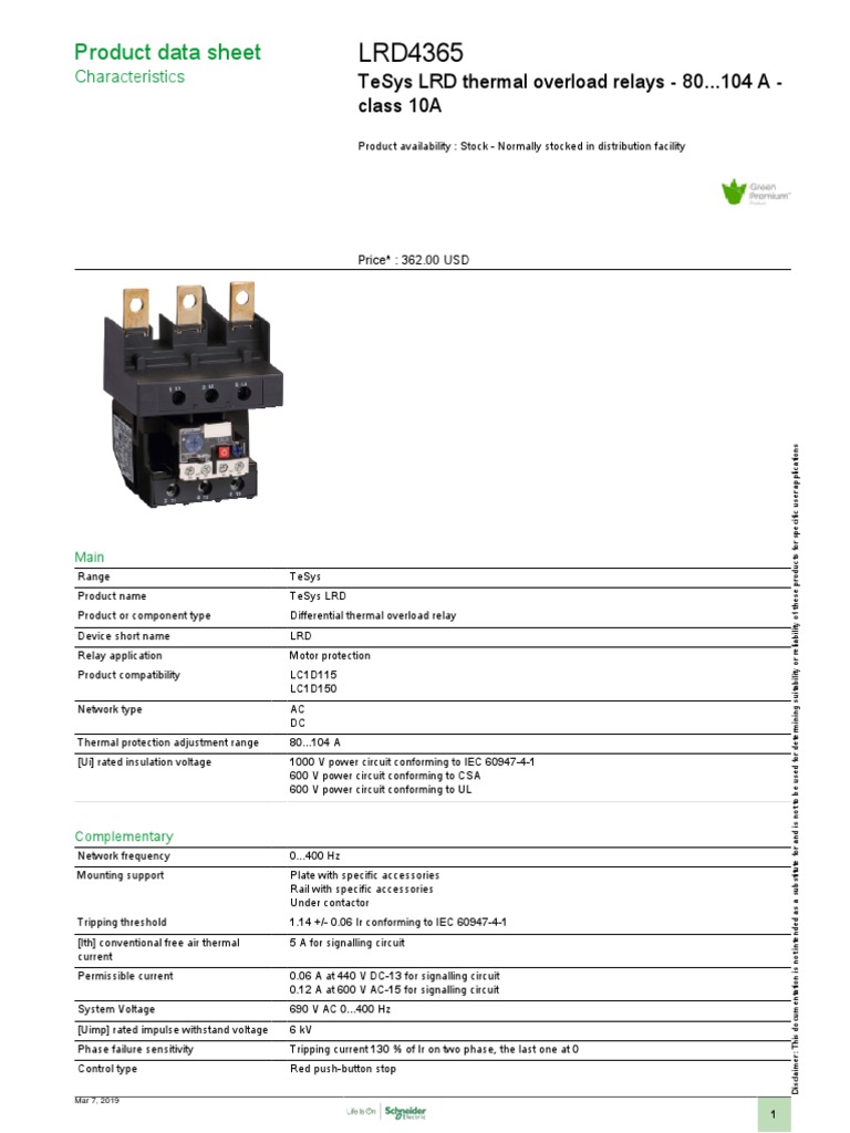 Product Data Sheet: Tesys LRD Thermal Overload Relays - 80... 104 A ...