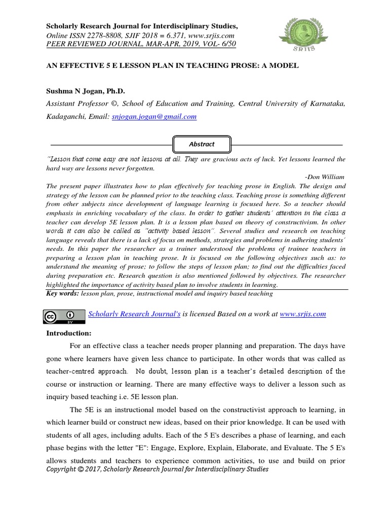 An Effective 5 e Lesson Plan in Teaching Prose: A Model | PDF ...