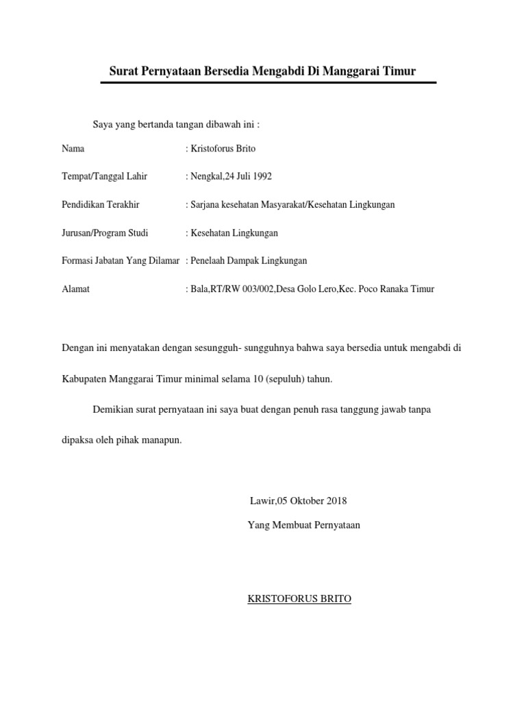 Surat Pernyataan Bersedia Mengabdi Di Manggarai Timur | PDF