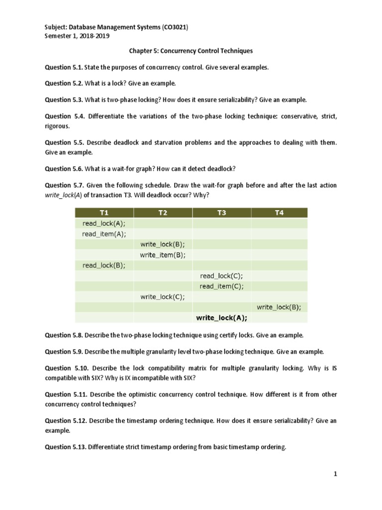 Exercise Dbms Chapter 5 Concurrency Control Techniques Pdf Databases Distributed 