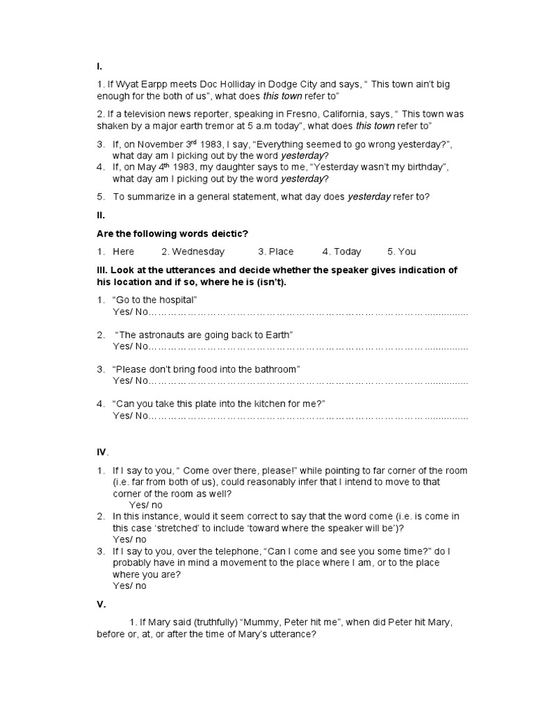 Deixis Exercise | PDF