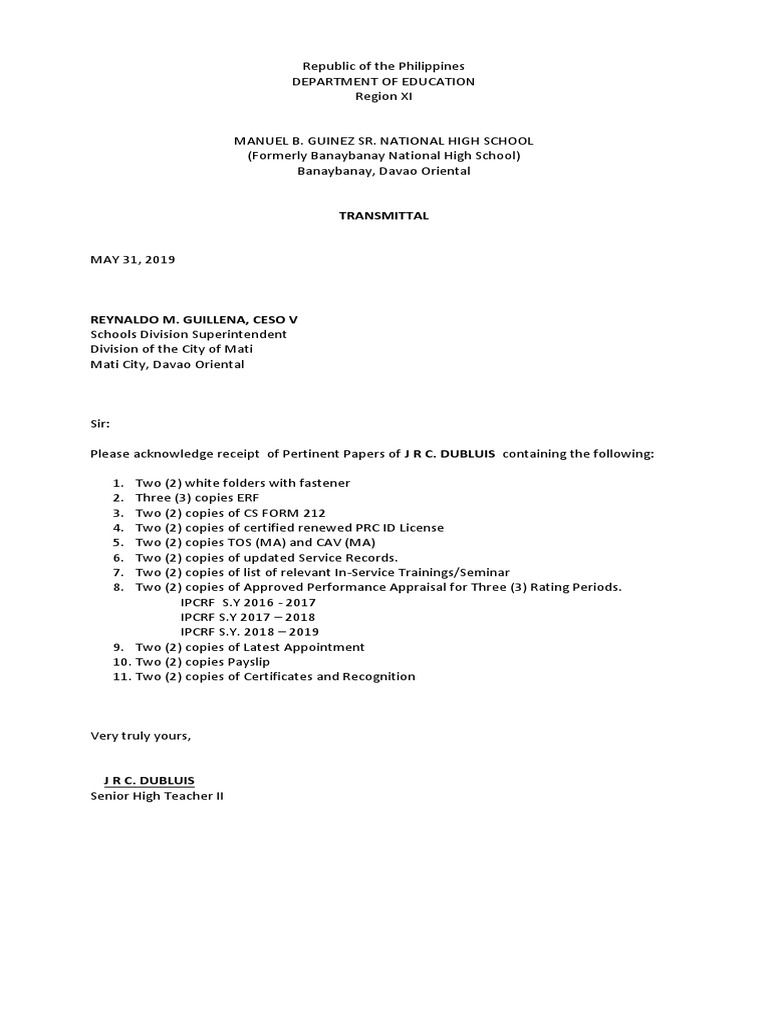 Transmittal of Documents for the Reclassification of Teacher J R C ...