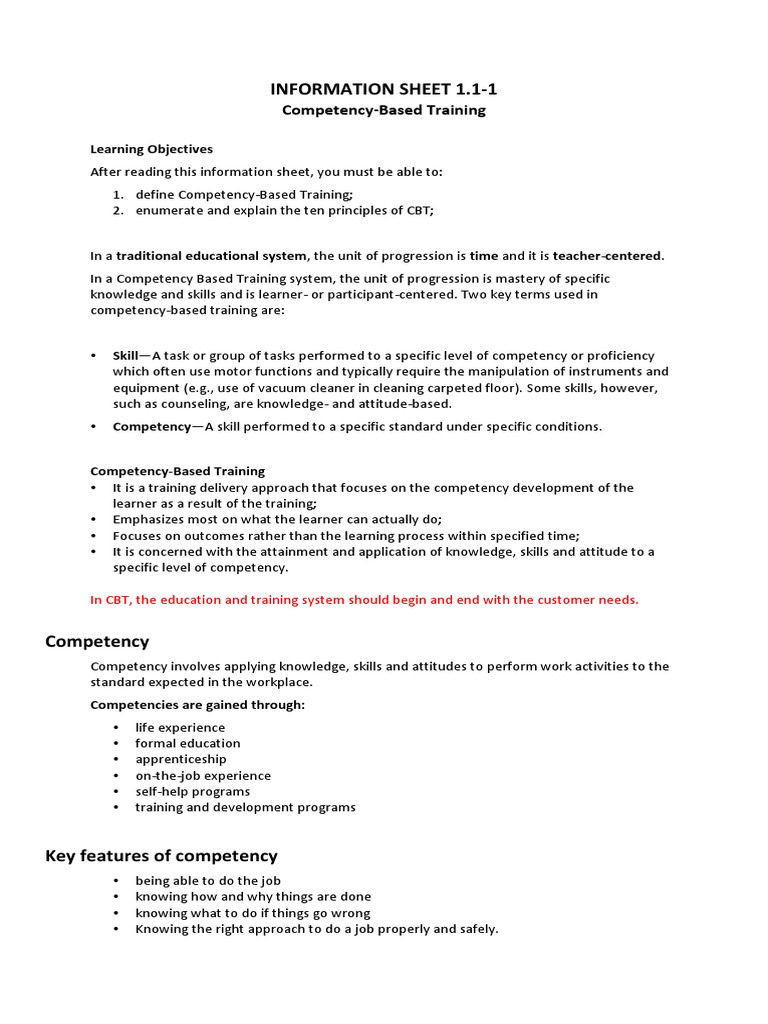 INFORMATION SHEET 1.1-1 Competency-Based Training | PDF | Competence ...